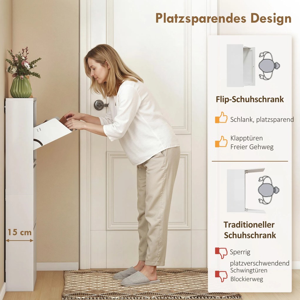 HOMCOM kovová skříňka na boty s 3 výklopnými přihrádkami — úzká nástěnná skříňka na 6 párů, 55 × 15 × 105,5 cm, bílá