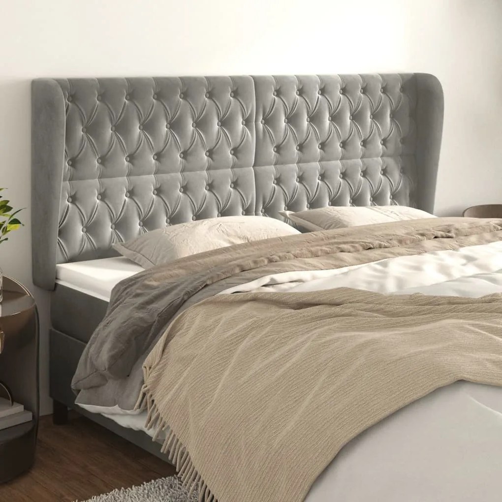 Čelo postele typu ušák světle šedé 203x23x118/128 cm samet 3118358