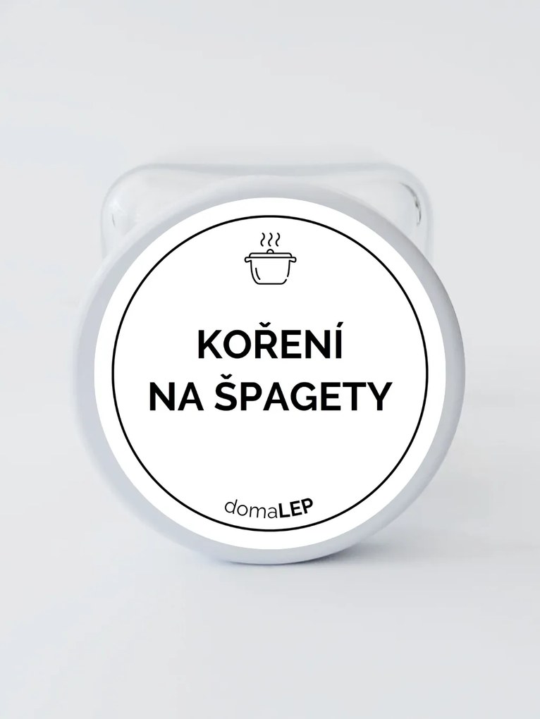 Samolepka na kořenky KOŘENÍ NA ŠPAGETY bílá 5 cm tučné písmo