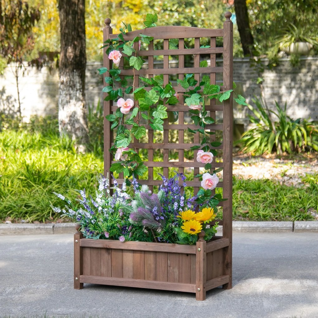 Outsunny Vysazovací Bedna s Trellis pro Květy, Vysazovací Box s Růžovým Obloukem a Podporou pro Popínavé Rostliny, Dřevo, Tmavě Hnědé 64 x 28 x 120 cm