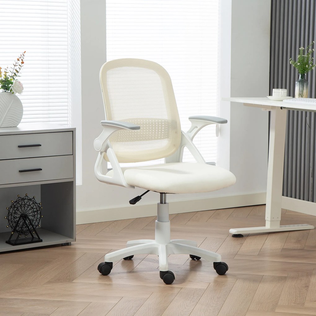 HOMCOM ergonomická síťovaná kancelářská židle se sklápěcími područkami, bederní oporou, nastavitelná výška a náklon — bílá