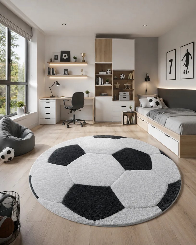 Dywany Łuszczów, Dětský kusový koberec Bambino 2139 Football, 120x120 (průměr) kruh, černobílá, dětský pokoj