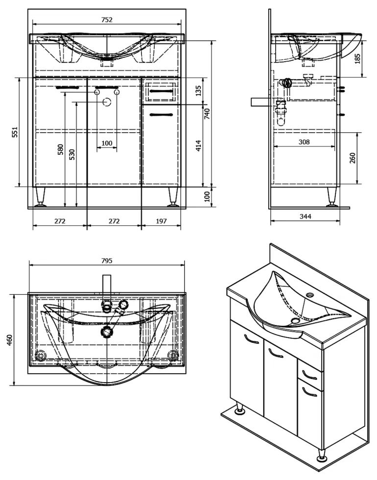 Aqualine KERAMIA FRESH umyvadlová skříňka 75,2x74x34,4cm, bílá 50082A
