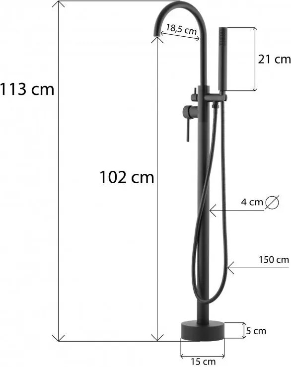 Erga Monte, volně stojící vanová baterie h-1130, černá matná, ERG-YKA-BP.MONTE-BLK