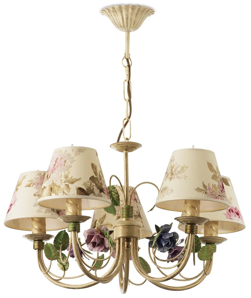 Light for home - Elegantní závěsný lustr na řetězu ve stylu provence 20766 "CAMELLIA", 5x40W, E14, béžová, růžová, fialový