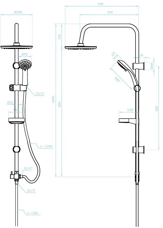 Kuchinox Cento, nástěnný sprchový sloup s hlavovou a ruční sprchovou hlavicí, černá matná, LAV-PKC_70OX