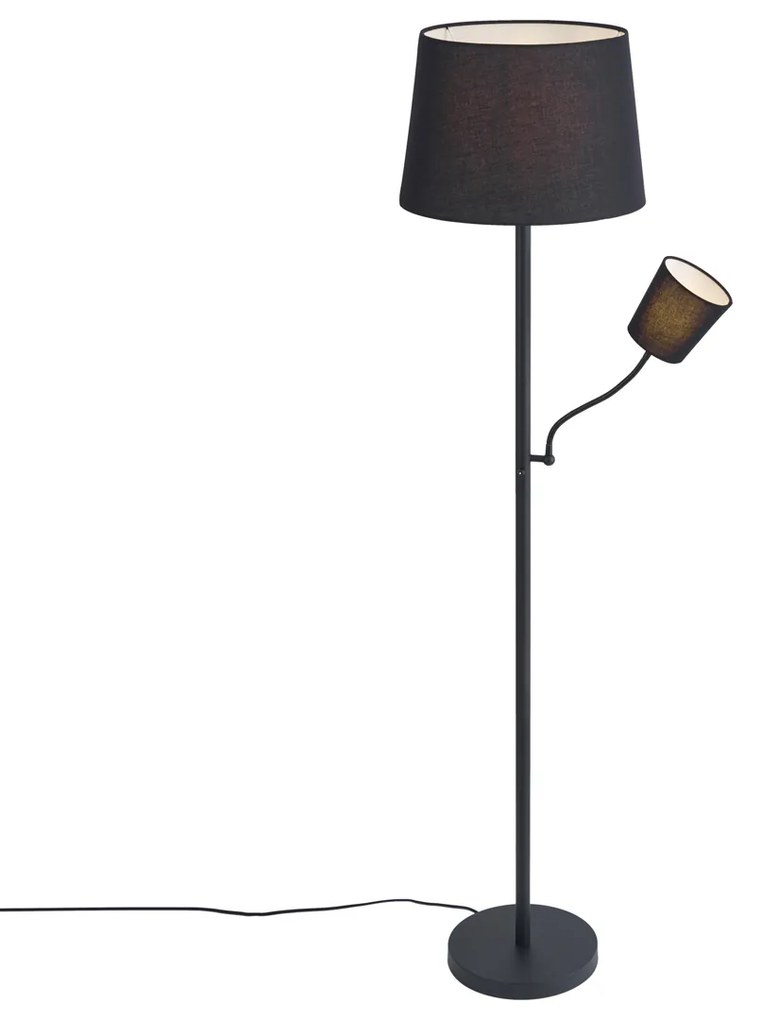 Klasická stojací lampa černá s černým stínítkem a lampičkou na čtení - Retro