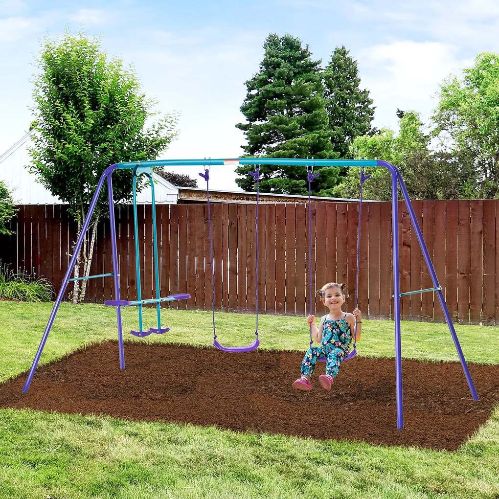 Outsunny Zahradní Houpačka z Kovového Rámu s Nastavitelnou Výškou pro Děti od 3 Let s Dvojitou Houpačkou pro Terasu 280x140x176 cm Modrá a Fialová