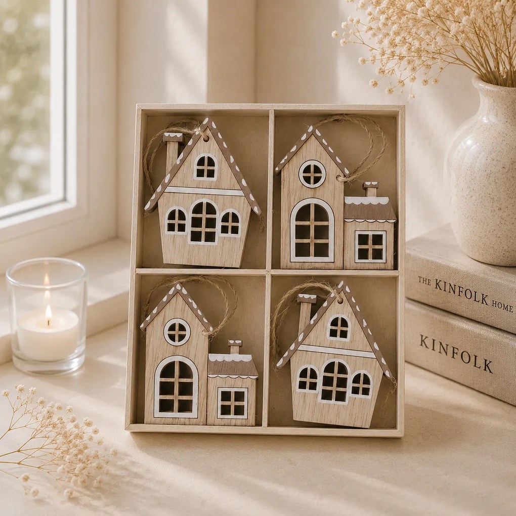 Dřevěné domečky na zavěšení 5,7 cm - set 8 ks