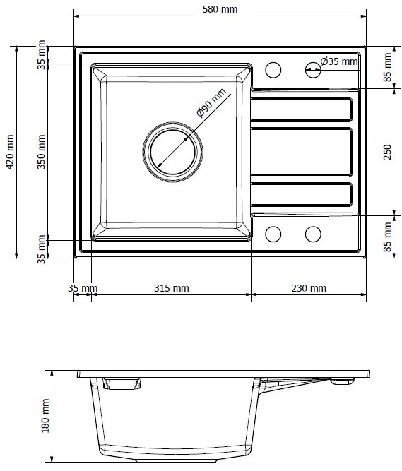 Gamma Modern 6040, 1-komorový granitový dřez 580x420x185 mm s krátkým odkapávačem, černá se zlatými body, GMA-ZM-6040-GD