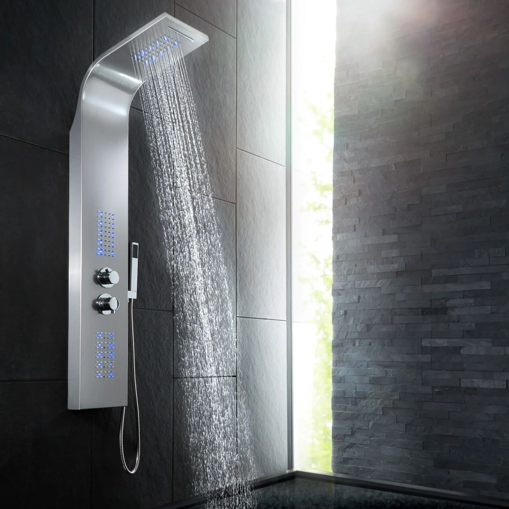 tectake 402676 sprchový panel s led osvětlením a vodopádem - šedá