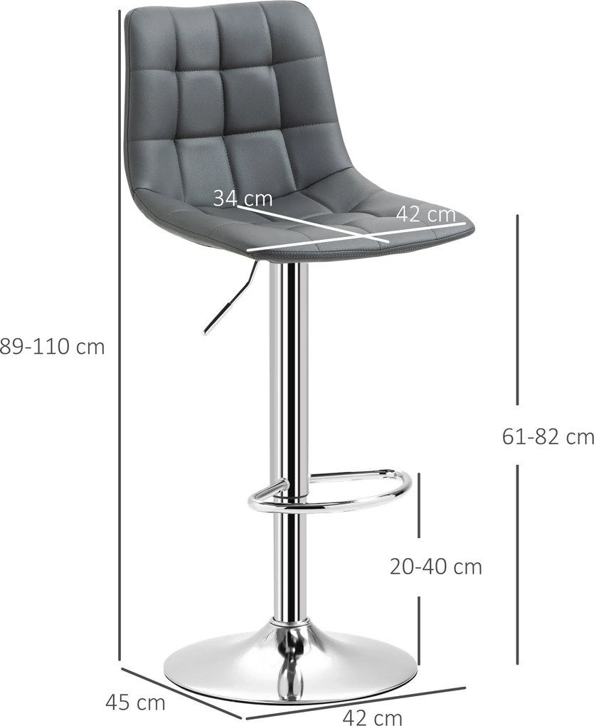 HOMCOM Sada 2 barových židlí z imitace kůže s opěradlem, otočné kuchyňské a obývací židle s opěrkou nohou, 42x45x89-110cm, Šedé