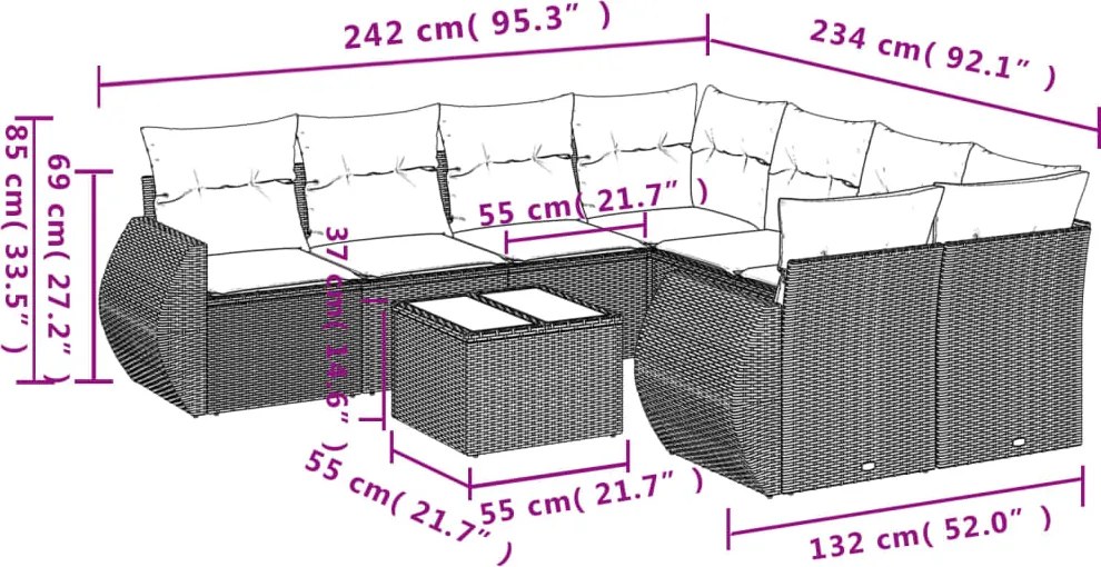 9dílná zahradní sedací souprava s poduškami černá polyratan 3253493