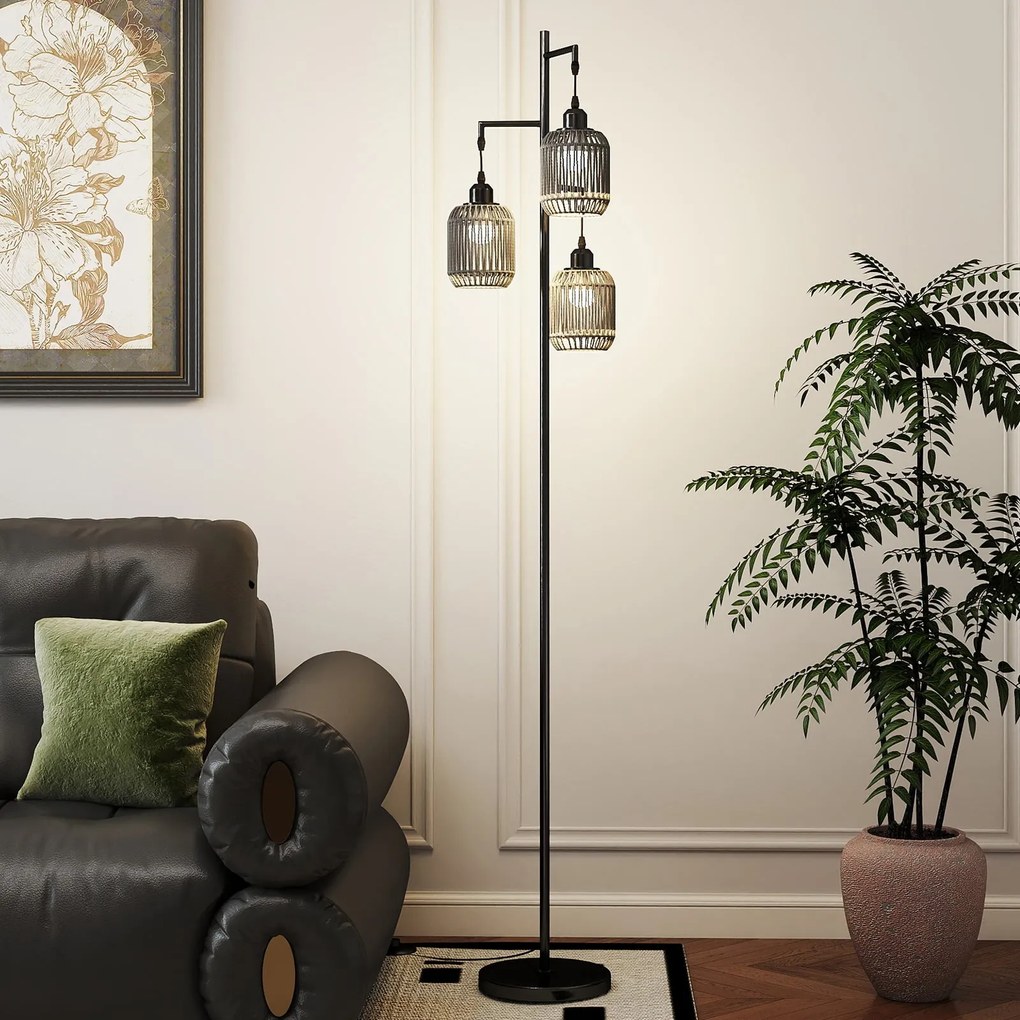 Costway Stojací lampa 173 cm lampa na čtení s 3 E27 zásuvkami a nožním – černý