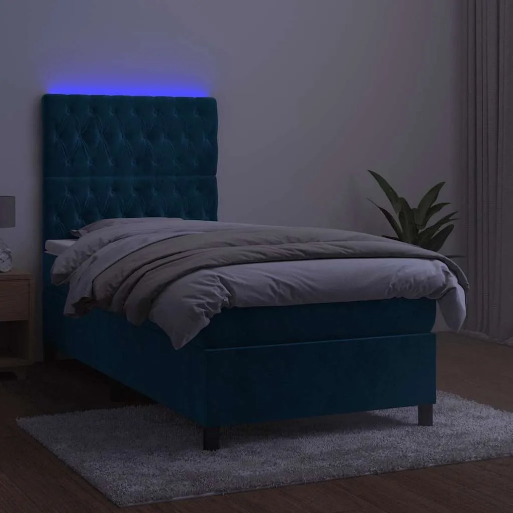 Box spring postel s matrací a LED tmavě modrá 100x200 cm samet 3136291
