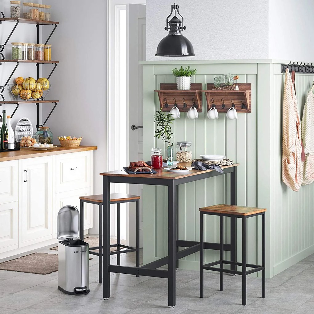 Barový stůl se 2 barovými židlemi, kuchyňský barový pult set 120 x 60 x 90 cm