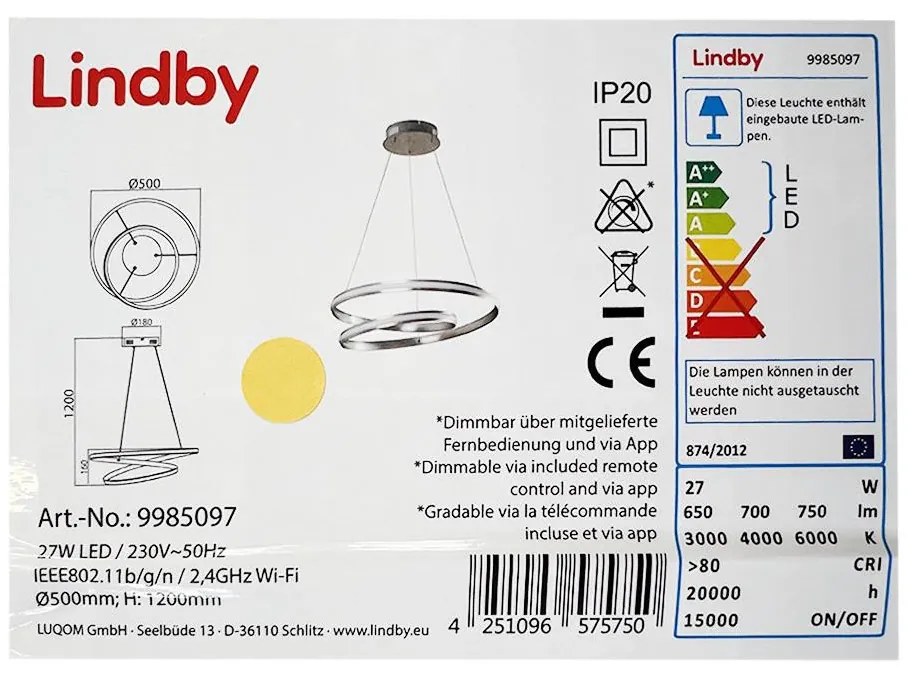 Lindby | Lindby - LED Stmívatelný lustr na lanku SMART VERIO LED/27W/230V + DO | LW0702