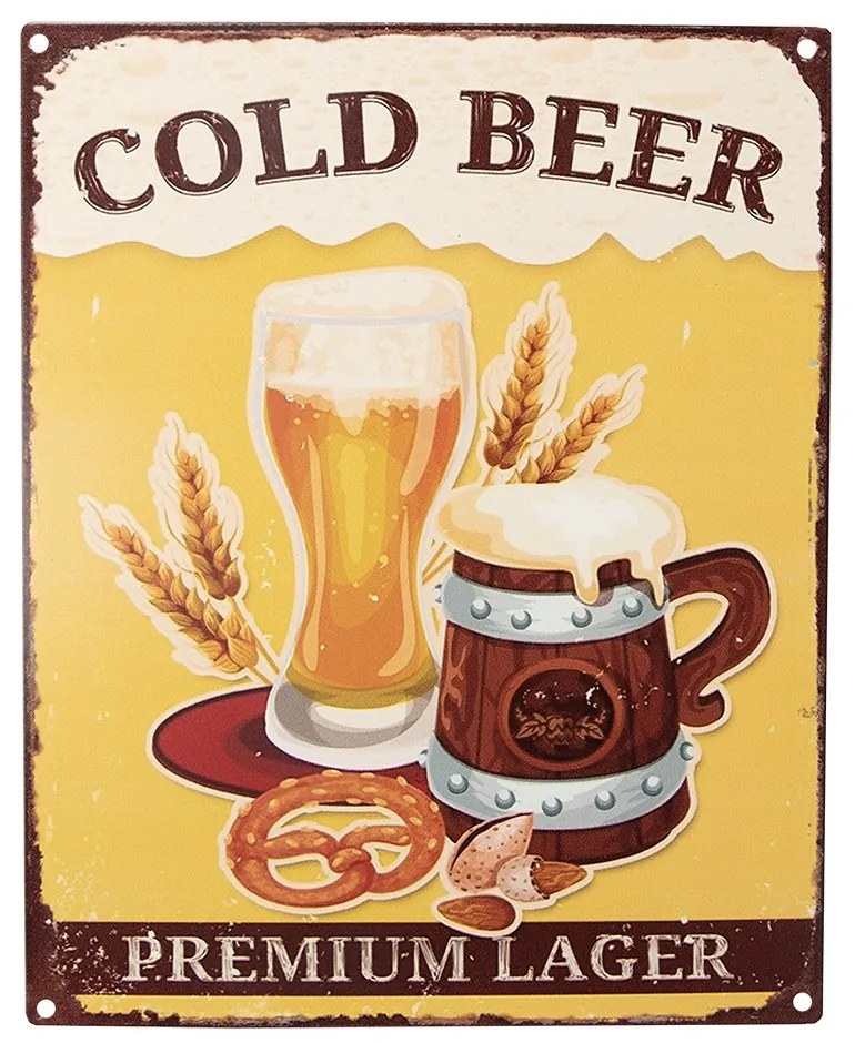 Žlutá antik nástěnná kovová cedule Cold Beer - 20*1*25 cm