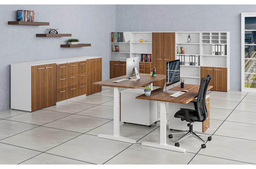Kombinovaná kancelářská skříň PRIMO WHITE, dveře na 4 patra, 2128 x 800 x 420 mm, bílá/ořech