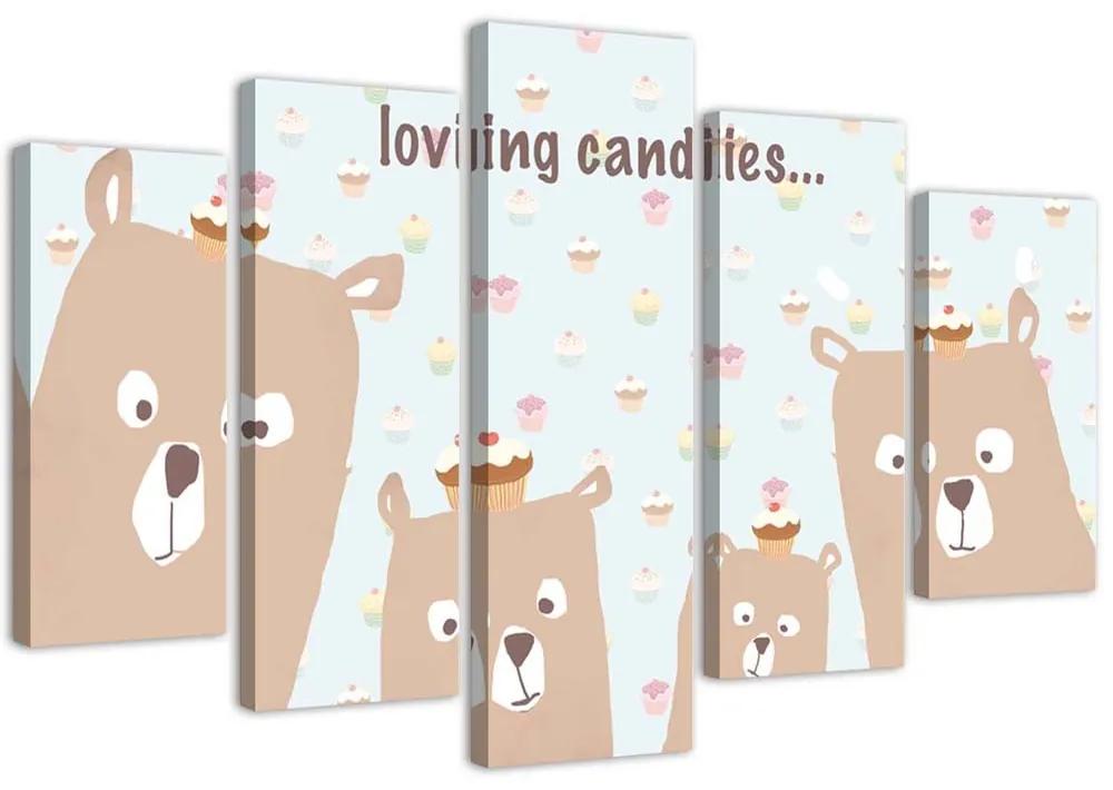 Gario Obraz Medvídci Loving candies - 5 dílný Velikost: 100 x 70 cm, Provedení: Obraz na plátně