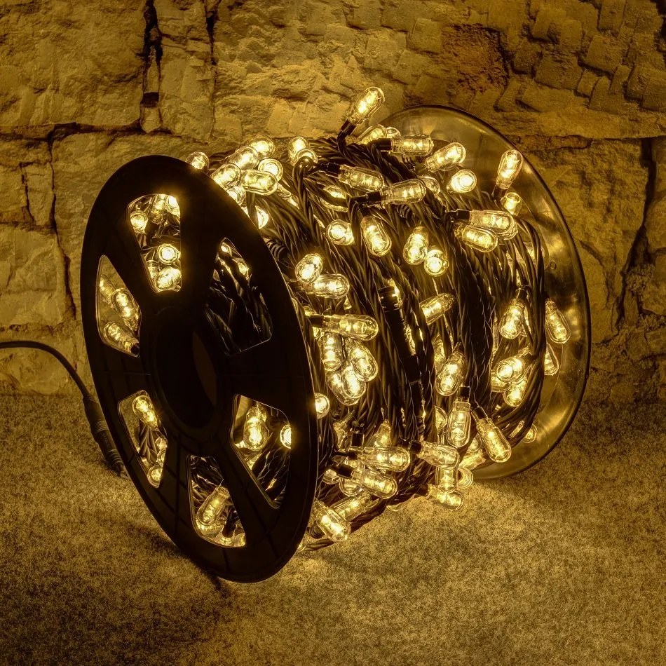 Easy Fix LED světelný řetěz, 100 m, venkovní teple bílá, 400 MEGA LED, černý kabel, IP67, cívka