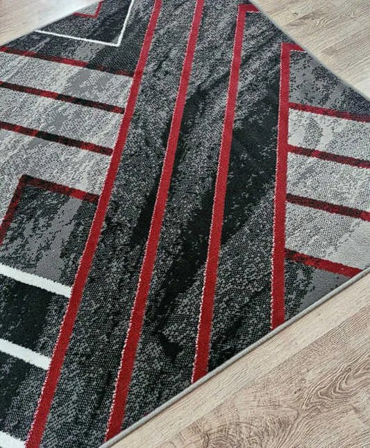 HU Šedý geometrický obdélníkový koberec NEW IDEA 90301-0564 s červenými čarami Rozměr: 50x80 cm