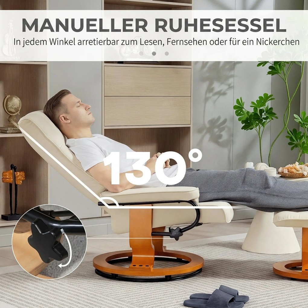 HOMCOM Relaxační křeslo s podnožkou, otočné a sklopné, potah z umělé kůže, do 150 kg, dřevěný rám, krémově bílá