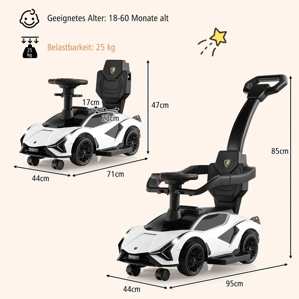 Costway 3 v 1 Lamborghini Push Car se světlomety a hudbou a úložným