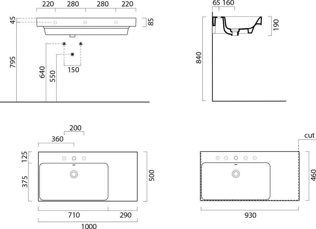 GSI GSI, NUBES keramické umyvadlo 100x50cm, s odkládací plochou vpravo, bílá ExtraGlaze, 9627111