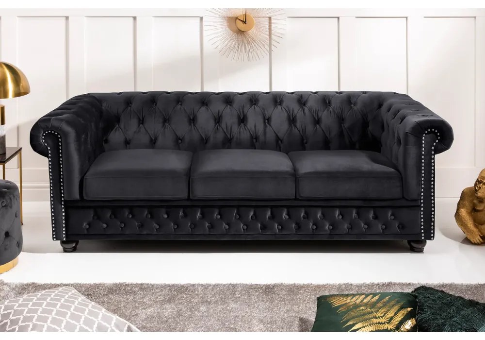 Massive home | 3místná pohovka CHESTERFIELD 205cm, sametová černá