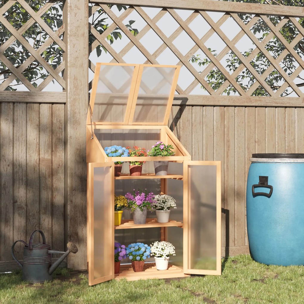Outsunny Mini skleník, malý skleník s dřevěným rámem, okno a dvojité dveře, 3 police, 70L x 50B x 120V cm, hnědý