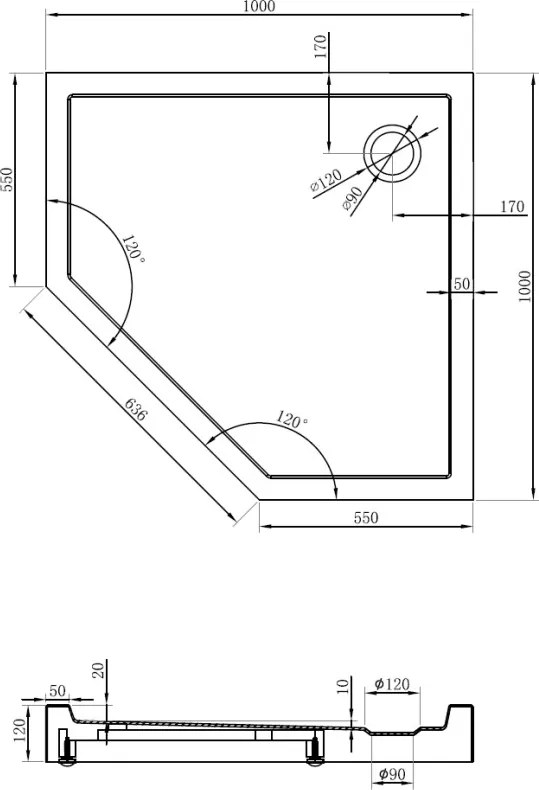 Mexen Flow+ pětiúhelníková sprchová vanička 100 x 100 cm, bílá lesklá, 46P101010H