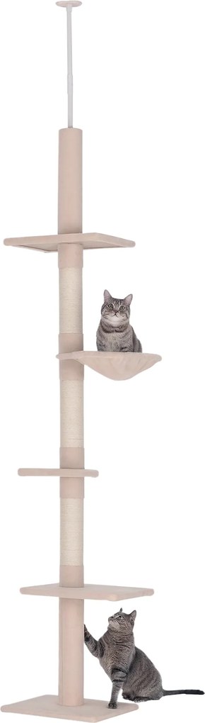 PawHut Stropní výškově nastavitelný kočičí strom s sisalovými sloupky, pevný kočičí šplhací strom, béžový, 40 x 34 x 230-260 cm | Aosom