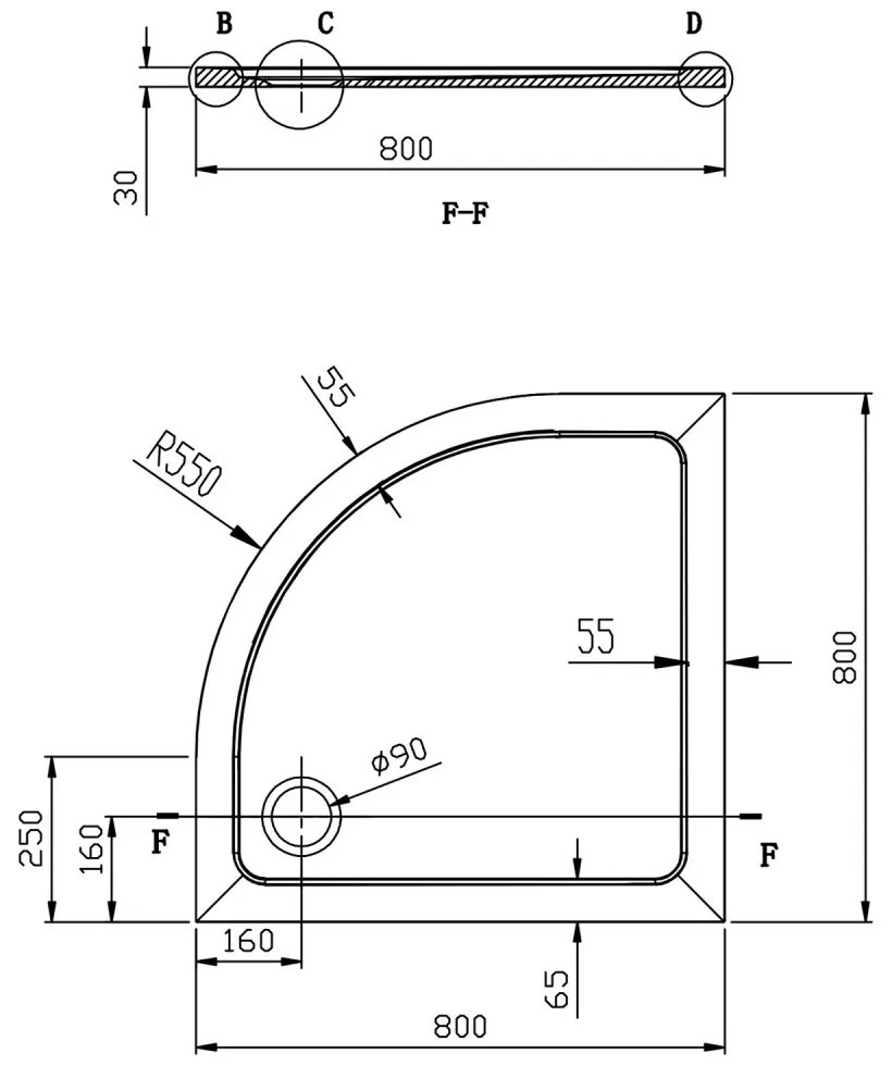 Aqualine TECMI sprchová vanička z litého mramoru, čtvrtkruh 80x80x3cm, R55 PQ558