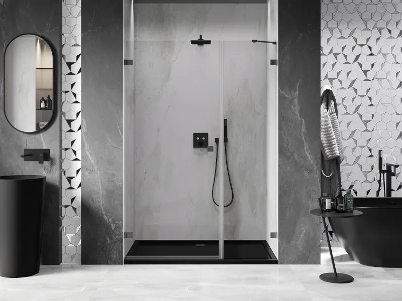 Mexen Lunar-B, levé otočné sprchové dveře 110 cm, 8mm čiré sklo, grafitový profil, 832S-110-050-95-00-L