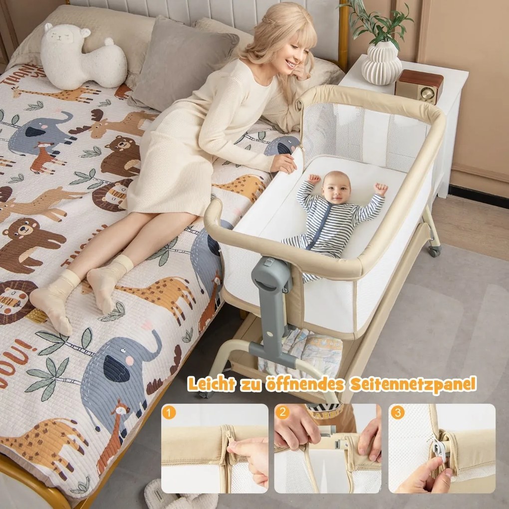 Costway 4 v 1 Mobilní dětská postýlka s moskytiérou a matrací a 6 nastavitelná