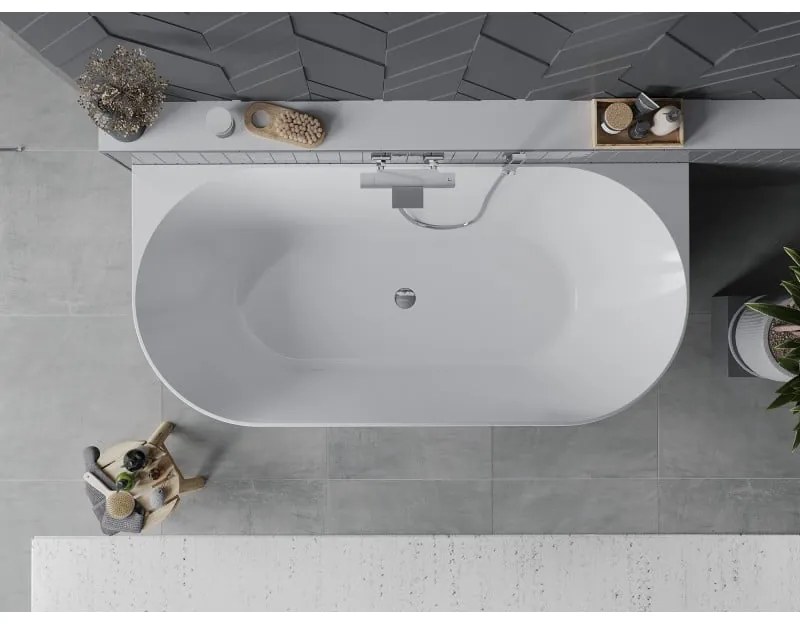 Mexen Oval Slim, volně stojící vana ke stěně 170 x 80 cm, bílá lesklá, chromový přepad, 52661708000-01