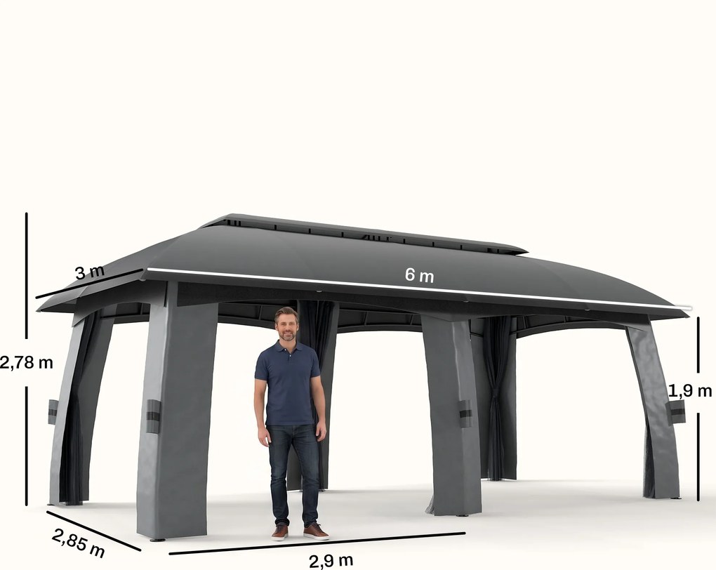 Outsunny pavilon, párty stan, s moskytiérou, větrnou střechou, pro až 15 osob, tmavě šedá, 3 x 6 x 3 m