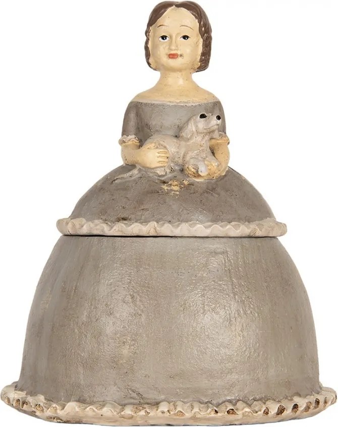 Béžová antik šperkovnice dívka v šedých šatech držící psíka - 19*16*22 cm