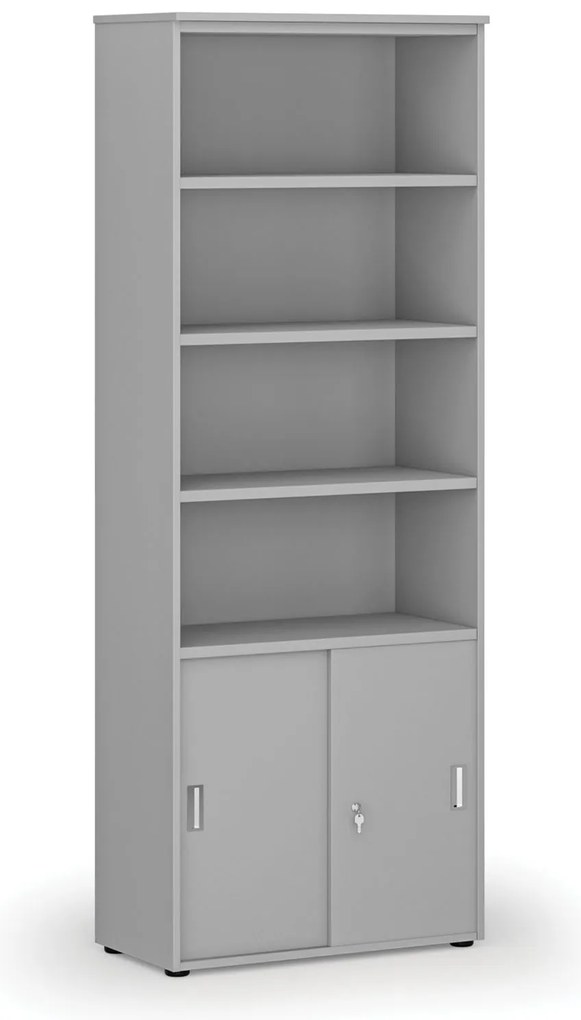 Kombinovaná kancelářská skříň PRIMO GRAY, zasouvací dveře na 2 patra, 800 x 420 x 2128 mm, šedá