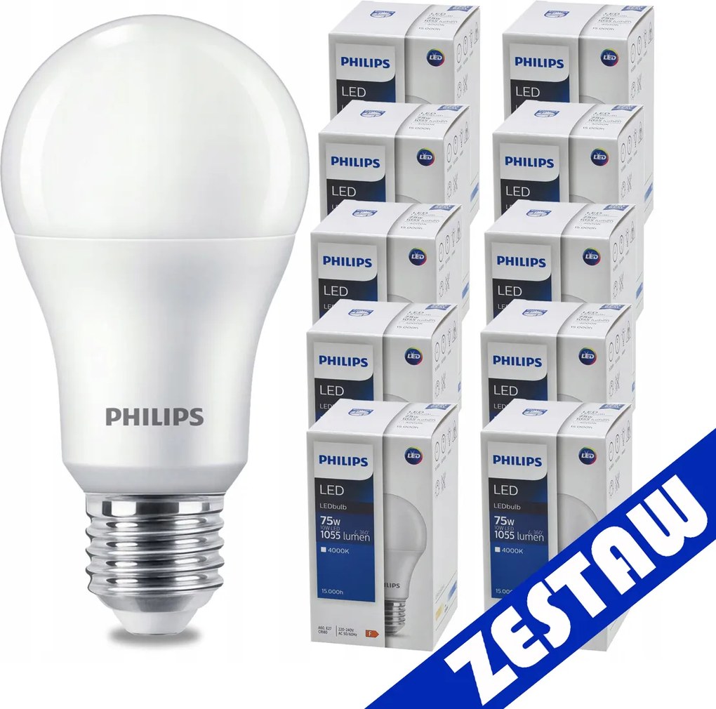 SADA 10 KS žárovek PHILIPS LED E27 10W = 75W 1055lm Neutrální LED žárovka 4000K
