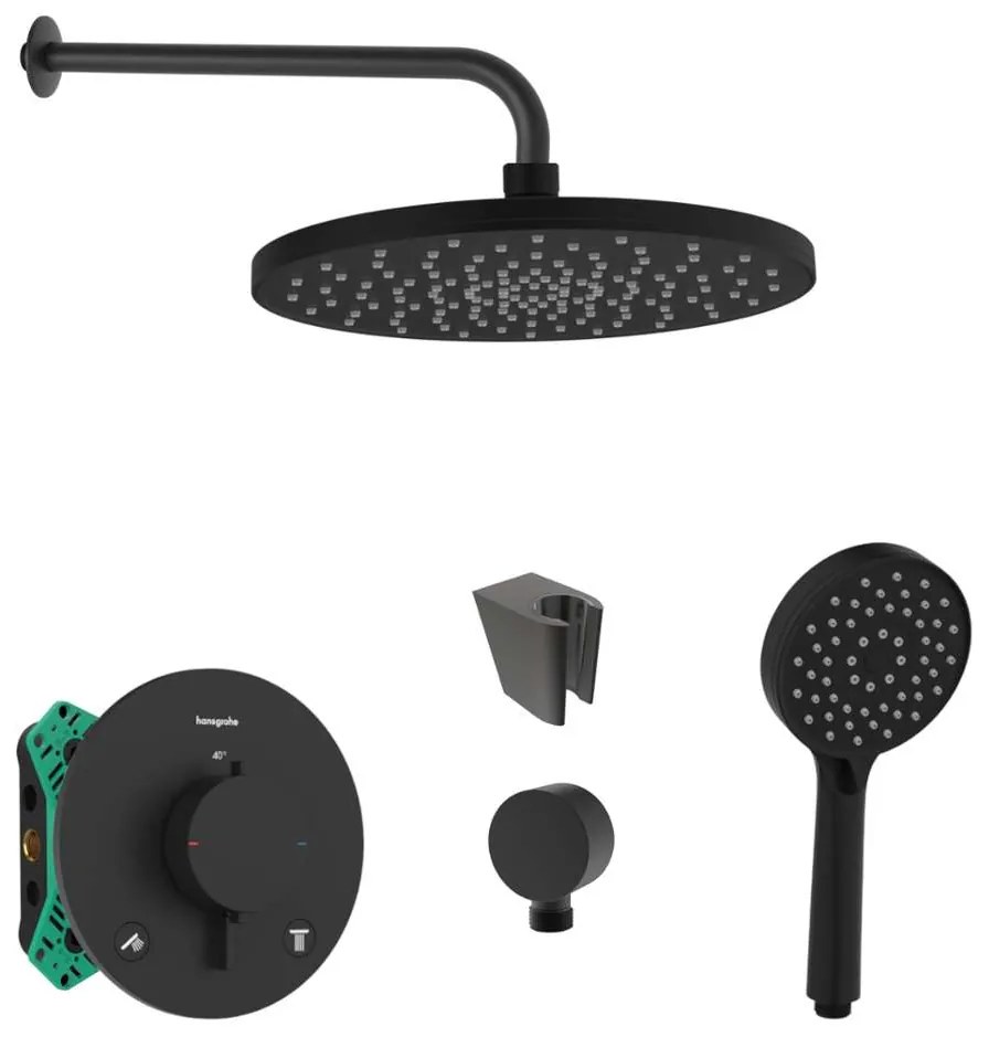 SANITINO - Sprchový set s termostatem a tělesem pod omítku Hansgrohe, příslušenství kielle, matná černá SANI21HKK412