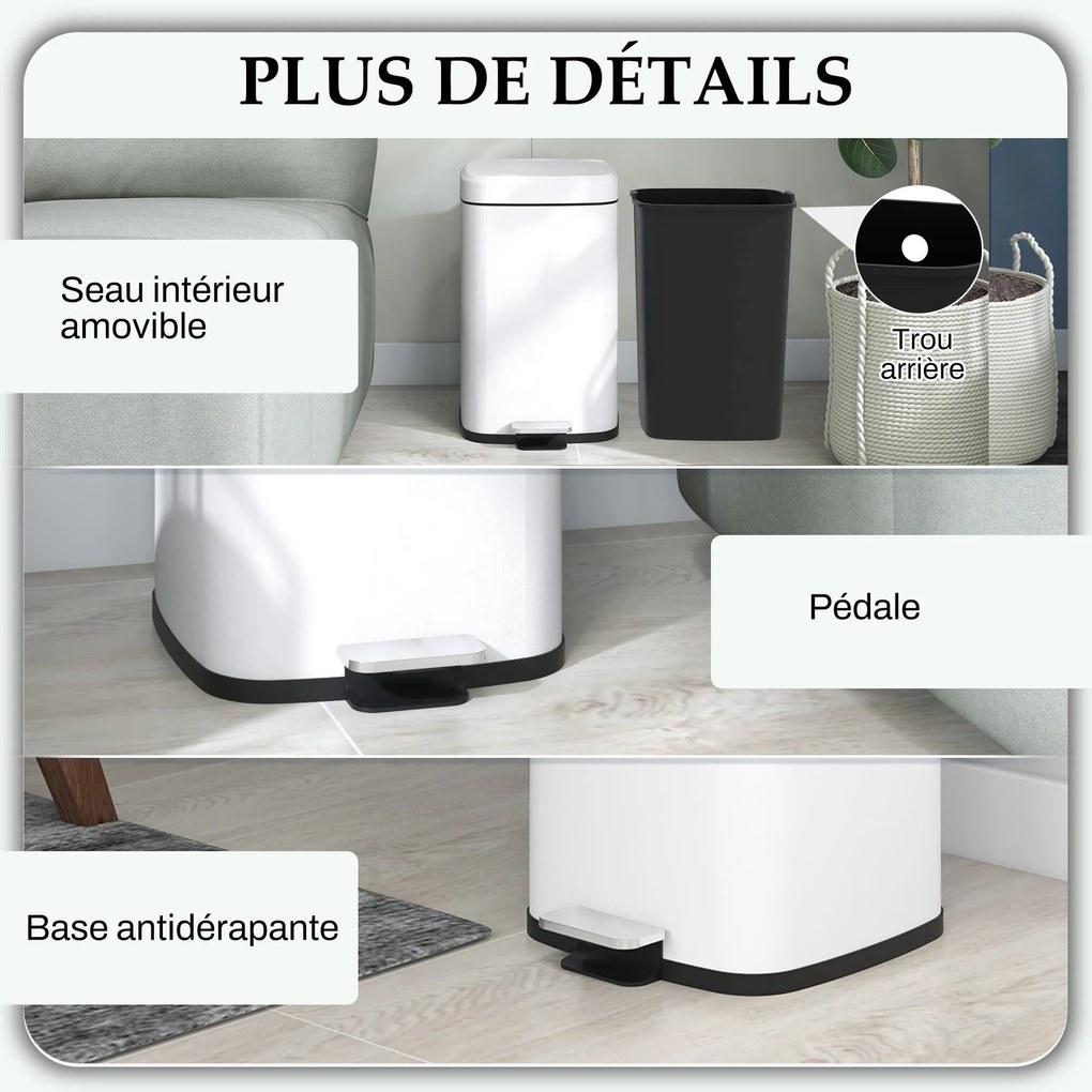 HOMCOM 20L Pěnový Odpadkový Koš z Nerezové Oceli s Tichým Víkem, Kompaktní, Odnímatelný Vnitřní Kbelík, 28L x 35Š x 45V cm, Bílý