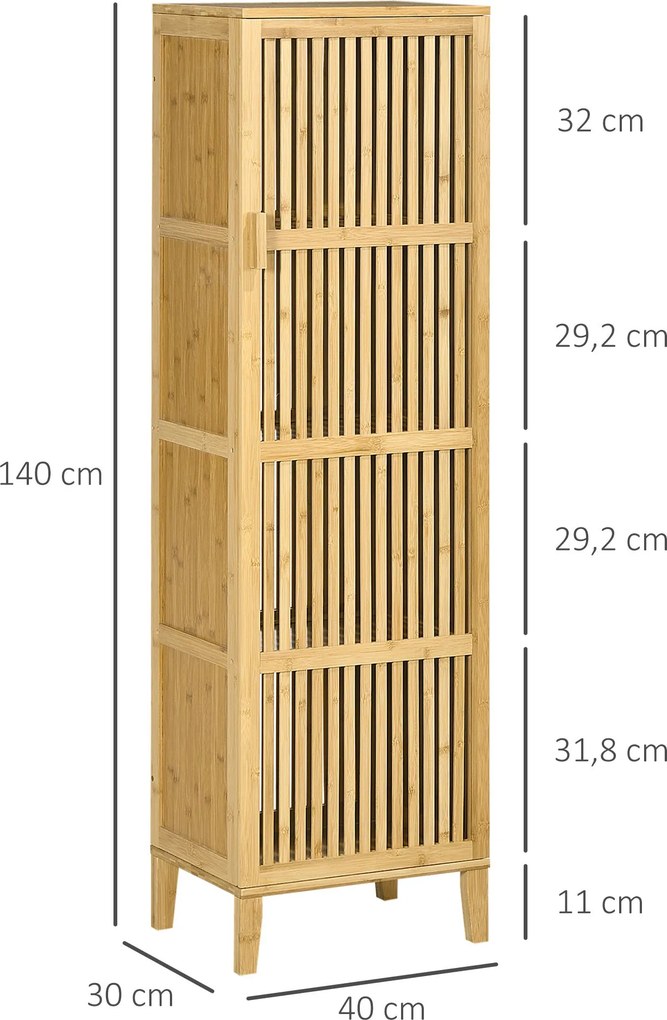 HOMCOM Bambusová skříňka na uskladnění se 4 úrovněmi a designem s lamelovými dveřmi pro koupelnu, ložnici a obývací pokoj 40 x 30 x 140 cm | Aosom