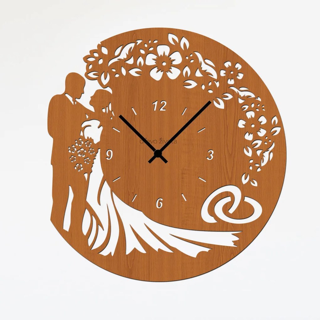 dřevo života Nástěnné Svatební hodiny Zvolte barvu dekoru: Černá, Zvolte velikost hodin (cm): 35x35, Barva ručiček: Stříbrné