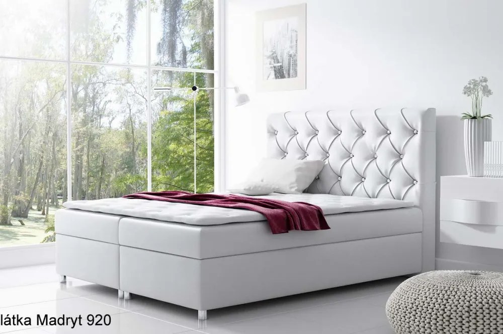 Postel boxspring Malorca 180x200 cm - Madryt 920 bílá ekokůže s úložným prostorem a taštičkovou matrací + topper