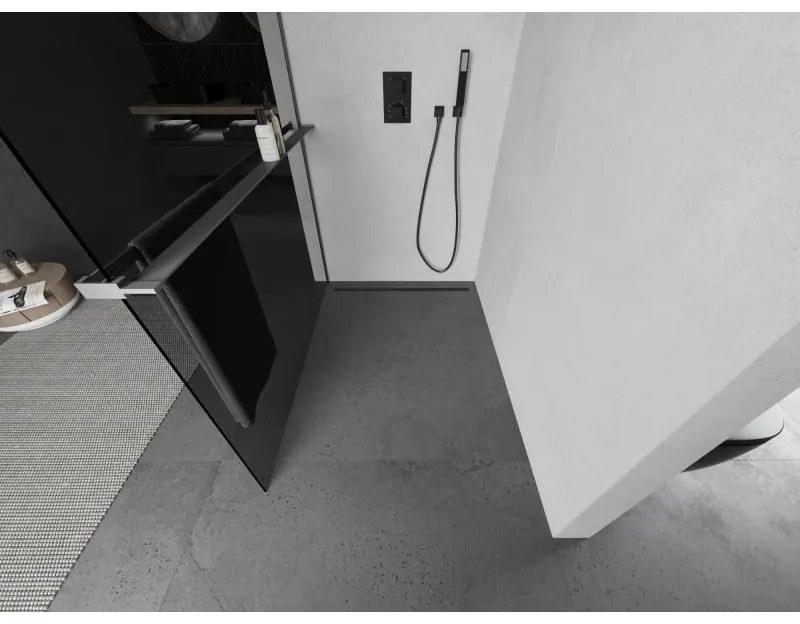 Mexen Kioto+, sprchová zástěna Walk-In s poličkou a věšákem 90 x 200 cm, 8mm šedé sklo, grafitový profil, 800-090-121-95-40