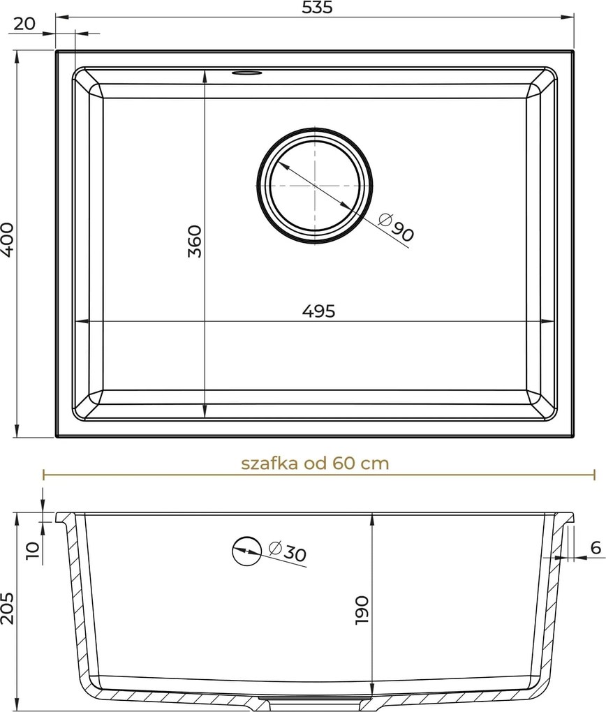 Sink Quality Crypton 60, kuchyňský granitový dřez 535x400x205 mm + chromový sifon, černá skvrnitá, SKQ-CRY.B.1KBO.60.X