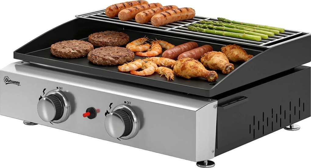 Outsunny přenosný stolní plynový gril, 5 kW, 2 hořáky, keramická nepřilnavá plotna, ohřívací rošt, odnímatelná miska na tuk, nerez | Aosom