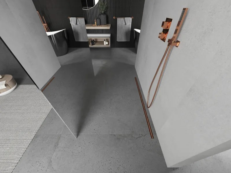 Mexen Kioto, průchozí sprchová zástěna 100 x 200 cm, 8mm sklo vzor zrcadlo, 2x růžové zlato stabilizační rozpěra, 800-100-002-60-50